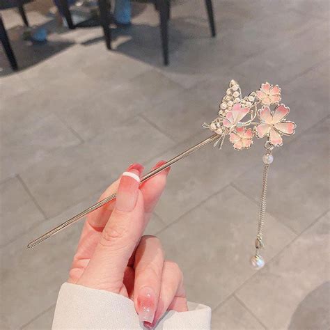 Butterfly Peach Blossom Pearl Hairpin Hanfu Bun Ancient Costume Tassel