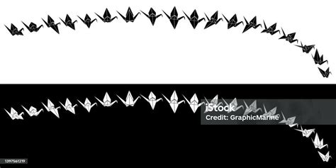 종이접기 크레인 벡터 실루엣 일러스트 아이콘의 비행 흔적 세트는 흰색과 검은 색 배경에 고립되어 있습니다 인포 그래픽 웹 사이트 또는 응용 프로그램을위한 일본 전통 종이