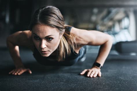 Woman Push Ups And Workout In Gym With Fitness For Core Muscle