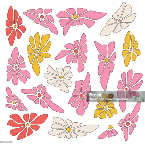 분홍색 노란색 빨간색 색상의 왜곡된 그루비 다채로운 데이지 꽃 세트 00년대 90년대 Y2k 스타일의 패셔너블한 디자인 요소 조합 빈티지 추상 벡터 그림입니다 1900