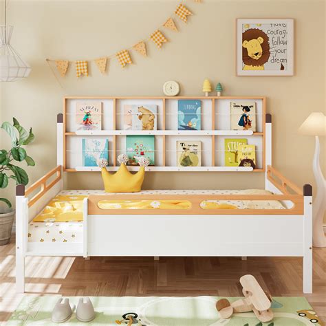 Kinderbed 140 X 200 Cm Met Boekenkast En Valbeveiliging Grenen Mdf Wit Naturel