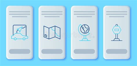 Set Line Folded Map Earth Globe City Navigation And Stop Sign Icon Vector Stock Illustration