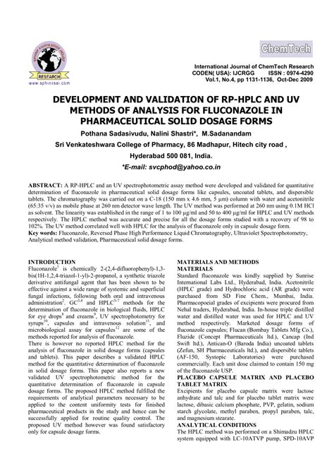 Pdf Development And Validation Of Rp Hplc And Uv Methods Of Analysis For Fluconazole In