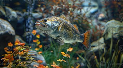 Largemouth Bass Swimming Gracefully Among Vibrant Aquatic Plants In A
