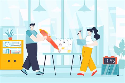 평면 디자인의 계획 개념 시간 관리 장면 남녀는 달력 계획 생산성 취업 마감일에 중요한 날짜를 표시합니다 방문 페이지에 대한 사람 문자의 벡터 그림 개념에 대한 스톡 벡터