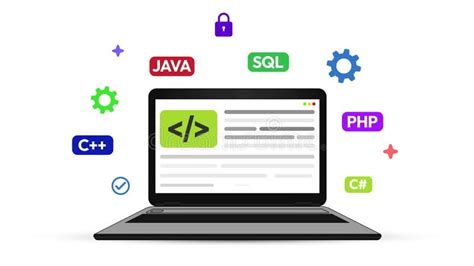 Animated Laptop Screen Displaying Code With Programming Language Icons Including Java Php Sql