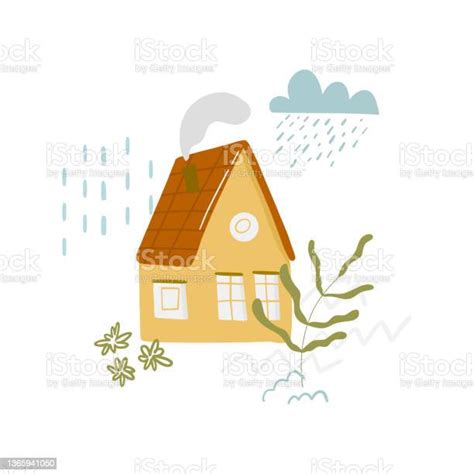 만화 집 개념 흰색에 고립 된 정원마을 포리스트 플랫 벡터 일러스트레이션입니다 레인 클라우드 아이콘이 있는 추상식물 키즈 프린트 포스터 0명에 대한 스톡 벡터 아트 및 기타