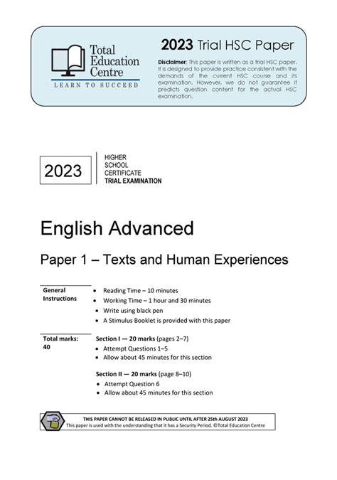 2023 Trial Hsc English Advanced Paper 1 Total Education Centre