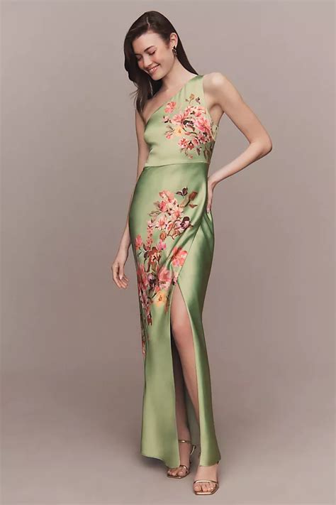 Bhldn Stretch Satin One Shoulder Side Slit Maxi Dress Anthropologie