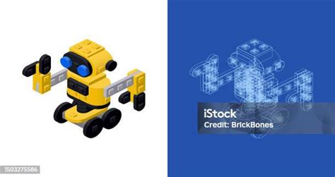 인쇄 및 디자인을 위해 등각 투영 스타일의 플라스틱 블록으로 조립 된 프로젝트가있는 노란색 로봇 세트 벡터 그림입니다 건설 산업에 대한 스톡 벡터 아트 및 기타 이미지