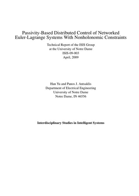 Pdf Passivity Based Distributed Control Of Networked Euler Lagrange Systems With Nonholonomic