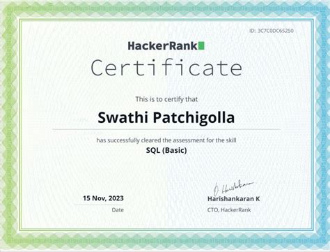 Swathi Patchigolla On Linkedin Hello Connections View My Certificate From Hackerrank For Sql