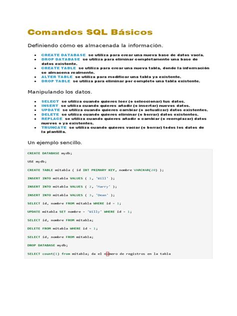 Comandos Sql Básicos Pdf Modelo De Datos Sql