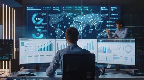 A Data Analyst Working With Multiple Screens Displaying Global Data And Analytics Premium Ai
