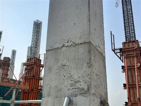 Concrete Column With Surface Defects On Construction Site Stock Image Image Of Repair Metal