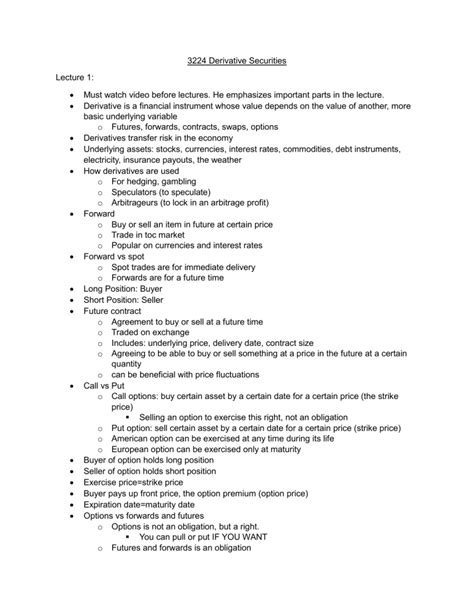 Derivative Securities Forwards Futures Options Hedging