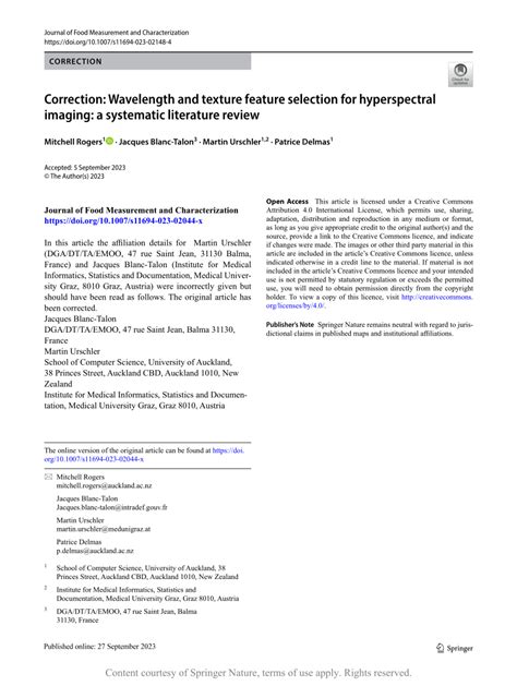 Pdf Correction Wavelength And Texture Feature Selection For Hyperspectral Imaging A