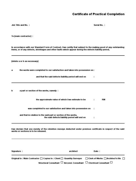 Certificate Of Practical Completion Template