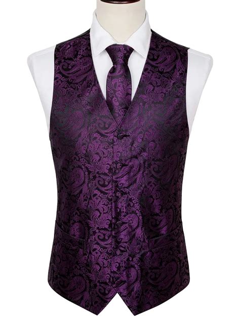 남성용 다크 퍼플 자카드 페이즐리 버튼 프론트 베스트 조끼 타이 포켓 스퀘어 커프스 단추 세트 웨딩 Temu
