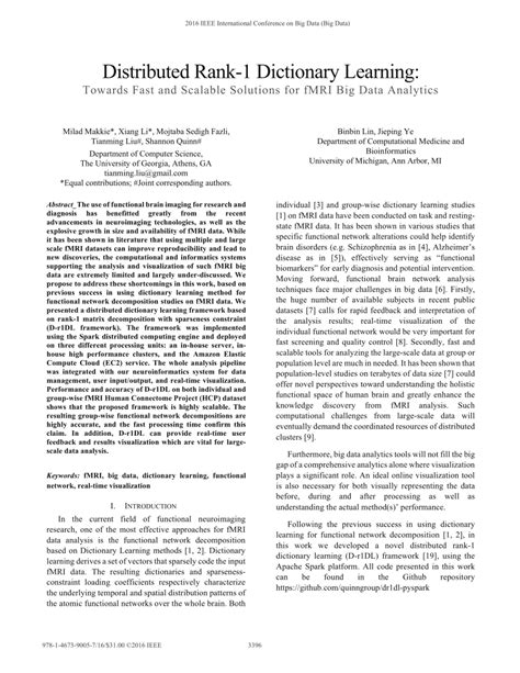 pdf distributed rank 1 dictionary learning towards fast and scalable solutions for fmri big