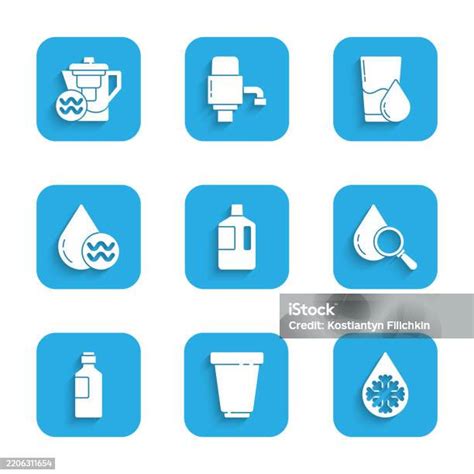 깨끗한 물 정수 필터 카트리지 해동 드롭 및 돋보기 병 재활용 아쿠아 유리 및 주전자 아이콘과 큰 병을 설정합니다 벡터 0명에 대한 스톡 벡터 아트 및 기타 이미지 Istock