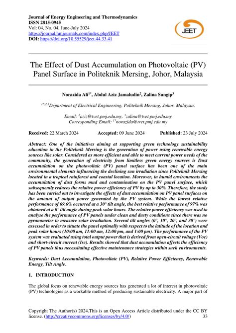 Pdf The Effect Of Dust Accumulation On Photovoltaic Pv Panel Surface In Politeknik Mersing