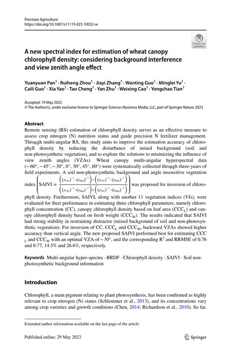 Pdf A New Spectral Index For Estimation Of Wheat Canopy Chlorophyll Density Considering