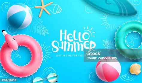 안녕하세요 여름 벡터 디자인입니다 플로터 비치 볼 및 서핑 보드와 같은 열대 요소가있는 안녕하세요 여름 텍스트입니다 여름에 대한