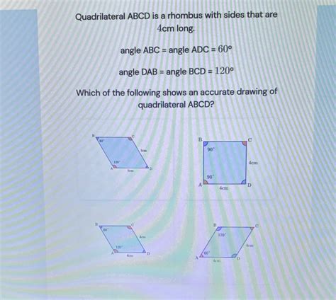 Solved Quadrilateral Abcd Is A Rhombus With Sides That Are 4cm Long Angle Abc Angle Adc 60