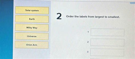 Solved Solar System Earth 2 Order The Labels From Largest To Smallest Milky Way 1 Universe 2