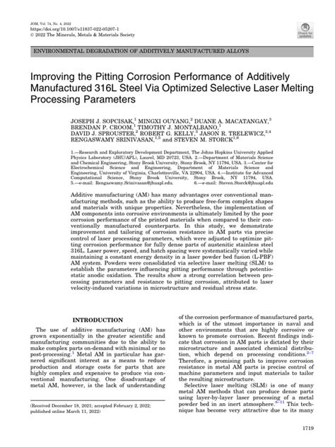 Improving The Pitting Corrosion Performance Of Additively Manufactured 316l Steel Via Optimized
