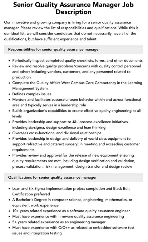 Senior Quality Assurance Manager Job Description Velvet Jobs