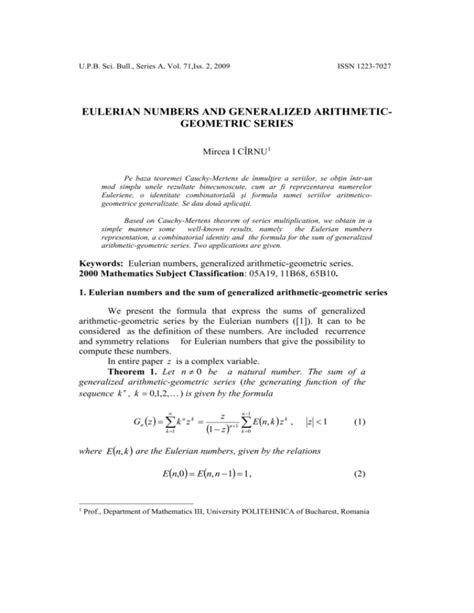 Keywords Eulerian Numbers Generalized