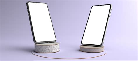 둥근 대리석 받침대에 스마트 폰 흰색 화면 휴대 전화 모형은 땅에 기울어 받침대는 최소한의 보라색 배경 3d 렌더링에 격리 된 상업 광고에 사용할 수 있습니다 스마트폰에