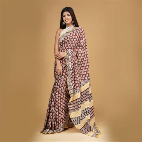 Buy Bps20 Brown Hand Block Print Saree Online At Myindicraft