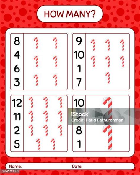 사탕 지팡이와 얼마나 많은 계산 게임 유치원 어린이용 워크시트 어린이 활동 시트 0명에 대한 스톡 벡터 아트 및 기타 이미지