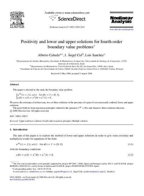 Pdf Positivity And Lower And Upper Solutions For Fourth Order Boundary Value Problems