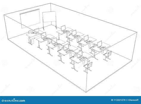 computer class with tables and computers stock illustration