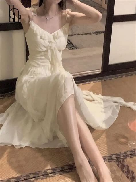 Luck A 2022 여름 프릴 우아한 요정 드레스 여성 하이 웨이스트 스트랩 홀리데이 드레스 숙녀 민소매 비치 드레스