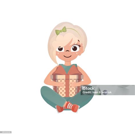 어린 소녀는 손에 선물을 들고 연꽃 자리에 앉습니다 격리 벡터 일러스트레이션 공휴일에 대한 스톡 벡터 아트 및 기타 이미지
