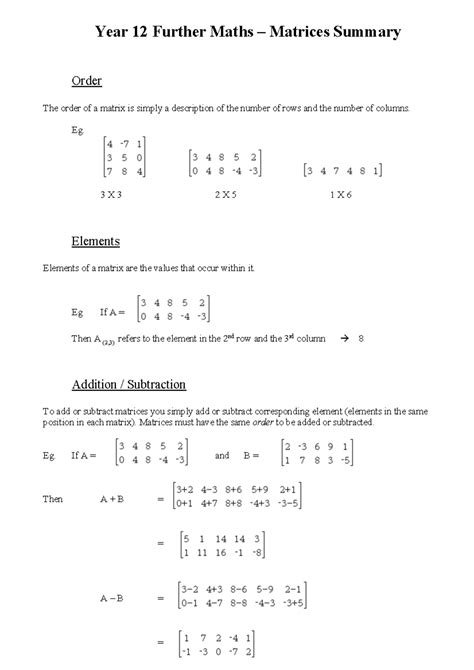 Matrices Chapter Summary Year 12 Further Maths Matrices Summary