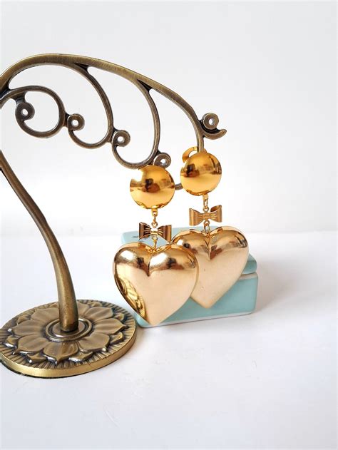 Vintage Gold Bow Heart Earrings 90s Oversized Drop Heart Earrings