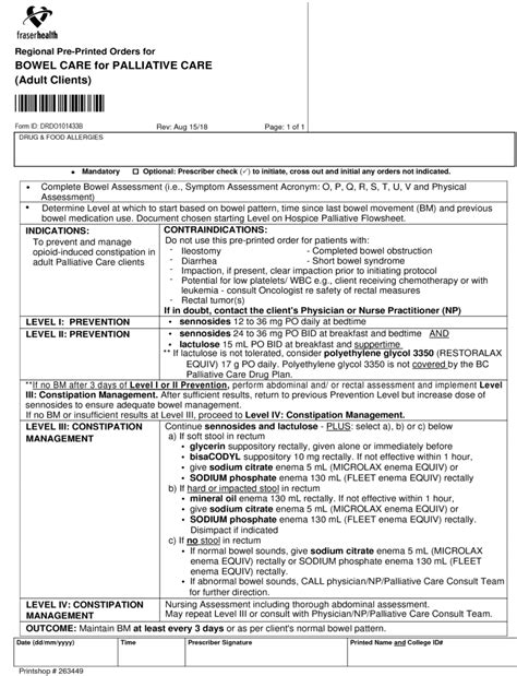Fraser Health Pre Printed Orders Ppo Bowel Care For Palliative