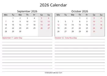 Download September And October 2026 Printable Calendar Week Start On