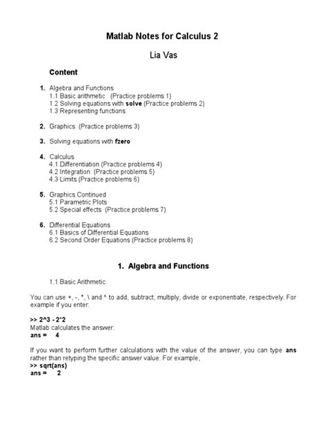 Matlab Notes For Calculus 2 Lia Vas Pdf Ordinary Differential