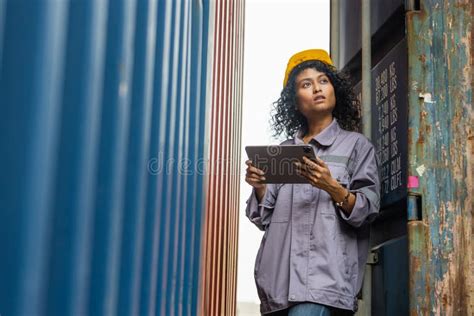 Female Logistics Professional Inspecting Containers Woman Tablet