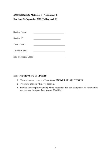 Assignment Questions AMME Materials Assignment Due Date September