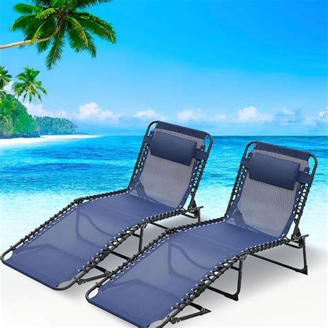 2pcs Dark Blue Outdoor Lounge Chair Folding Chaise Lounge Pool Chair Patio Sun Tanning Chair W 4