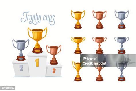 연단에 트로피 컵 1위 2위 3위 트로피를 화이트 받침대에서 다양한 모양으로 세팅한 골드 은 동메달 획득 자컵 만화 스타일 벡터 일러스트레이션 메달 수상대에 대한 스톡 벡터