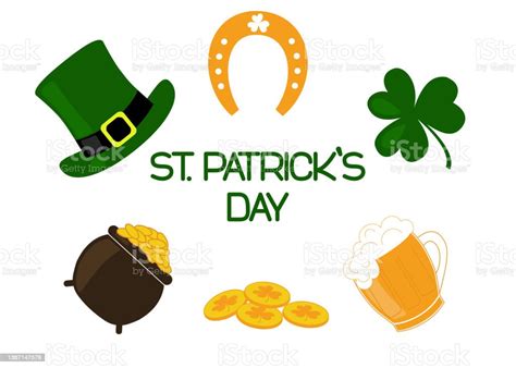 성 패트릭의 날 녹색 샴록 잎과 모자의 상징 금냄비 맥주 잔 금화 흰색 배경에 고립 된 말굽 3월에 대한 스톡 벡터 아트 및 기타 이미지 Istock
